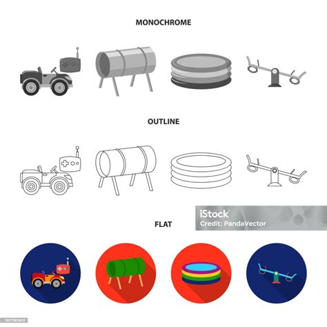 무선 제어 터널 트램 폴 린 스윙에 대 한 기계 놀이터는 평면 개요 흑백 스타일 벡터 기호 재고 일러스트 웹 컬렉션 아이콘을 설정합니다 그네에 대한 스톡 벡터 아트 및 기타