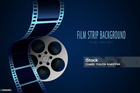 시네마 릴이 있는 파형의 실제 필름 스트립 벡터 포스터 디자인 템플릿입니다 파란색 배경에 고립 된 3d 전단지 또는 포스터 축제 영화 시간 배경입니다 영화 산업의 시네마토