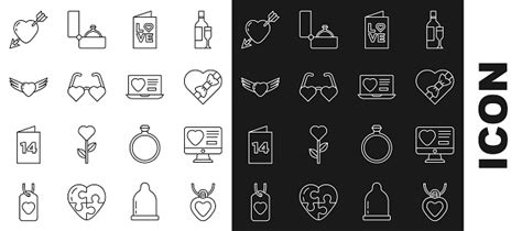 하트 모양의 세트 목걸이 데이트 앱 온라인 캔디 박스 발렌타인 데이 파티 전단지 하트 러브 안경 날개 아머 화살표와 아이콘 벡터