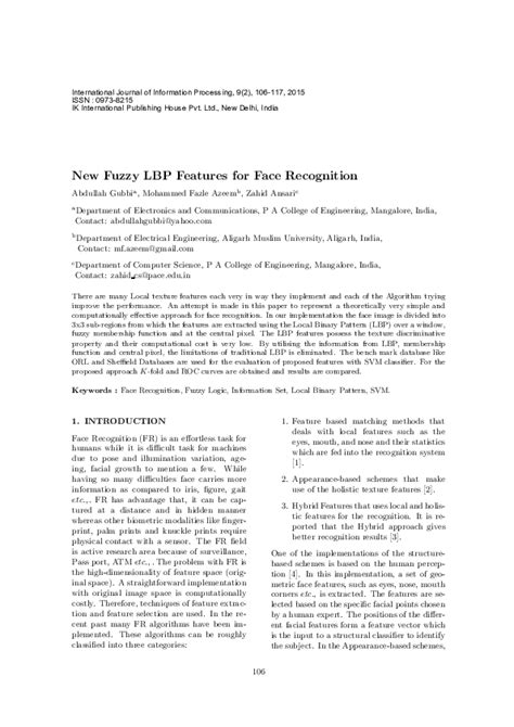 Pdf New Fuzzy Lbp Features For Face Recognition