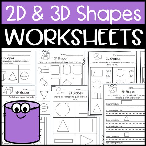 2d and 3d shape worksheets shape attributes halves fourths names of