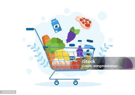 식료품 점 또는 식품 선반이있는 슈퍼마켓 랙 유제품 과일 및 음료 플랫 만화 손으로 그린 템플릿 일러스트 레이 션 건축물에 대한 스톡 벡터 아트 및 기타 이미지 Istock