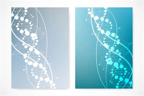 과학 브로셔 디자인 템플릿 벡터 전단지 레이아웃 연결된 선과 점이있는 분자 구조 잡지 전단지 표지 포스터 디자인을위한 요소와 과학 패턴 원자 Dna Dna에 대한 스톡 벡터