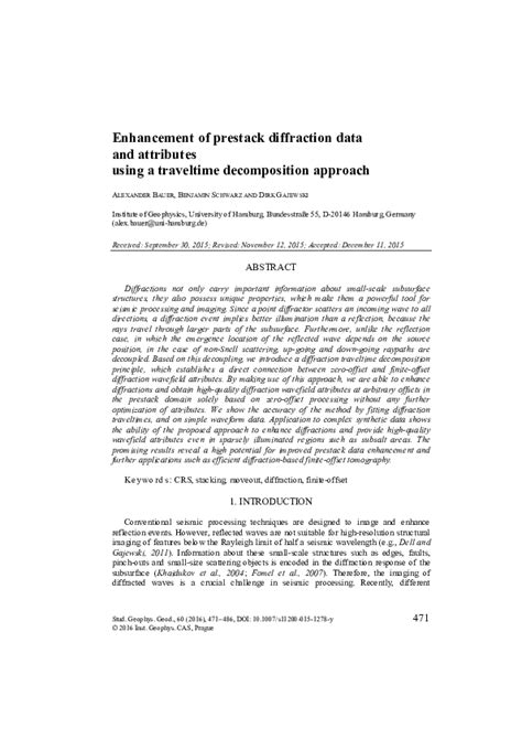 Pdf Enhancement Of Prestack Diffraction Data And Attributes Using A Traveltime Decomposition