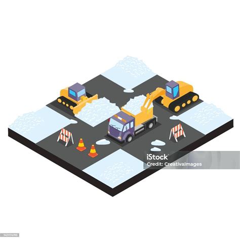 도시 주거 지역 아이소메트릭 3d를 청소하는 스노우 쟁기 트럭 고속도로에 대한 스톡 벡터 아트 및 기타 이미지 고속도로 제설기 제설 자동차 0명 Istock