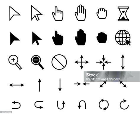 커서 아이콘입니다 웹 포인터 클릭 배율 화살표 및 돋보기 아이콘 잡아 손 가리키는 화살표와 모래 시계 로딩 벡터 세트 손에 대한 스톡 벡터 아트 및 기타 이미지 Istock