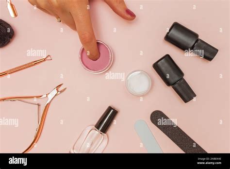 Dipping Powder Manicure Tools On Pink Background Woman Dip Her Finger