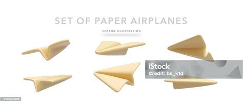 흰색 배경에 고립된 현실적인 노란색 종이 비행기 세트입니다 벡터 일러스트 레이 션 3차원 형태에 대한 스톡 벡터 아트 및 기타 이미지 3차원 형태 종이 비행기 0명