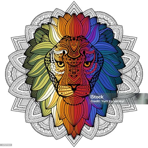 허브 장식과 패턴 갈기와 사자 민족 그래픽 스타일 벡터 그림입니다 그런지 배경에 사자의 패턴 머리 아프리카 인도 토템 디자인 사자에 대한 스톡 벡터 아트 및 기타 이미지