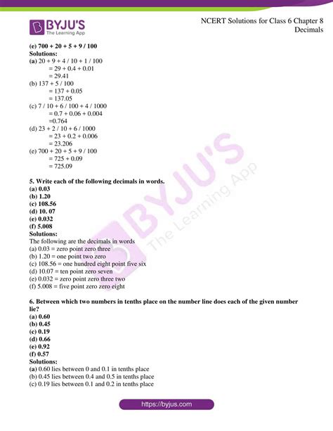 Ncert Solutions Class 6 Maths Chapter 8 Decimals Click Here To Download
