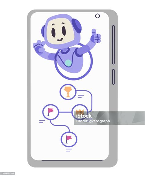 인공 지능 로봇 캐릭터 교육 개념 평면 벡터 일러스트 레이 션은 흰색에 고립되어 있습니다 Ai 봇은 스마트폰에서 공부 성과를 보여주는 것을 봅니다 Brand Name