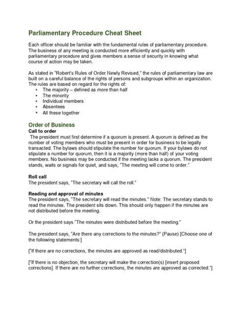 Parliamentary Procedure Cheat Sheet Pdf Download Free Pdf Committee Voting