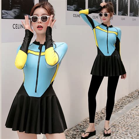 长袖防晒泳衣女潜水服显瘦速干圆领带胸垫水母衣韩国全身浮潜冲浪 虎窝淘