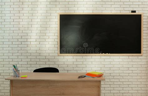 Empty Modern School Classroom With Desks Chairs And Chalkboard At Daylight Workspace For