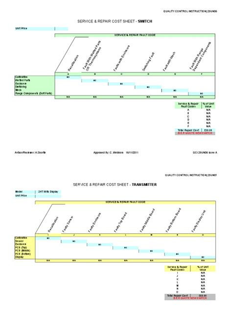 Service And Repair Cost Sheet Switch D P Ar Ts Te M S E Nc Lo Su Re Au Lt Ith M Ec H Tw Ith R
