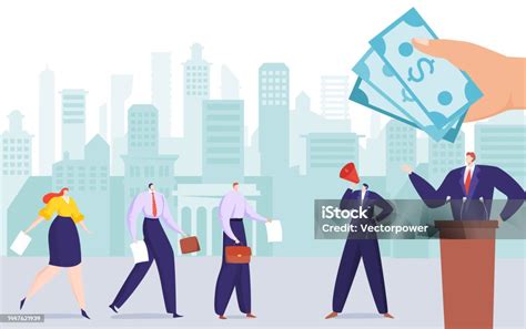 選挙の腐敗ベクターイラスト平地の政治家候補が表彰台に立ち拡声器を持つアシスタントが人々の有権者を呼ぶ 1人のベクターアート素材や画像を多数