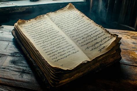 Ancient Manuscript Resting On A Wooden Table With Smoke Drifting Through Sunlight Generative Ai