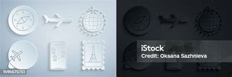 도시 지도 탐색의 인포그래픽 비행 비행기가 있는 지구본 우편 우표 및 에펠탑 비행기 및 나침반 아이콘을 설정합니다 벡터 3차원
