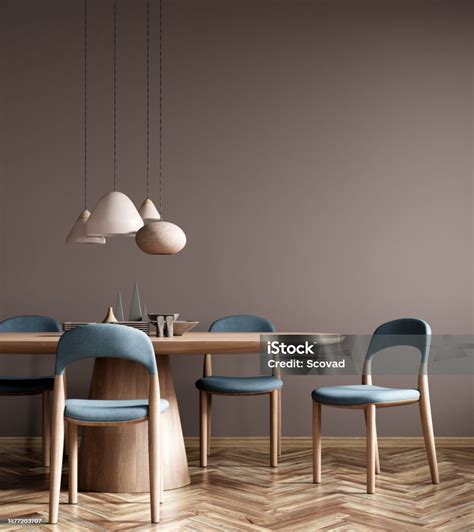 현대적인 식당 식탁 베이지색 벽에 파란색 패브릭 의자가 있는 인테리어 3d 렌더링 0명에 대한 스톡 사진 및 기타 이미지 0명 3차원 형태 가정의 방 Istock