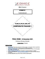 CF EDHEC Exam Pdf MSc Finance STUDENT N M NI FIN S CCO CORPORATE FINANCE