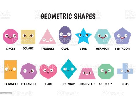 얼굴 감정이 있는 다양한 기하학적 모양의 큰 세트 플래시 카드의 다양한 모양 플랫 아이콘 스타일 아이들을 위한 벡터 그림 귀엽고