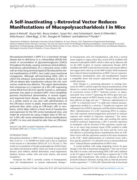 Pdf A Self Inactivating Retroviral Vector Reduces Manifestations Of Mucopolysaccharidosis I