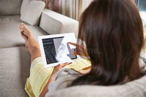 Scroll Tablet And Woman On Sofa In Home Online With Social Media Communication Or Website