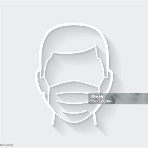 의료 얼굴 보호 마스크를 쓴 남자 빈 배경에 긴 그림자아이콘 플랫 디자인 3차원 형태에 대한 스톡 벡터 아트 및 기타 이미지