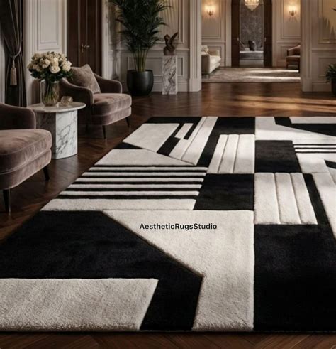 Handmade Rug Black And White Geometric Hand Tufted Rug Modern Abstract