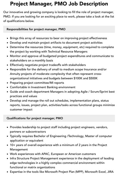 Project Manager Pmo Job Description Velvet Jobs