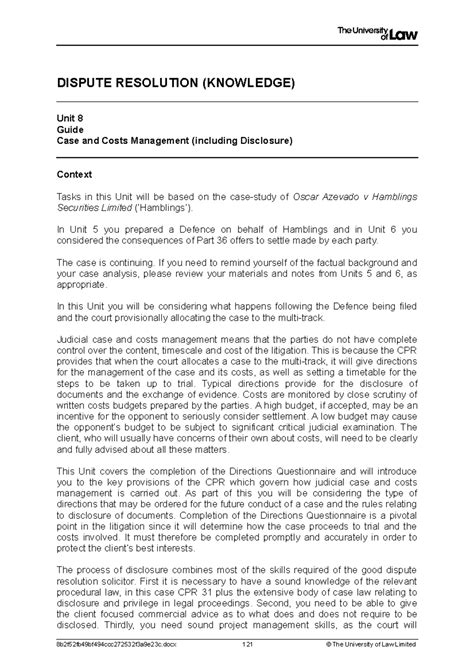 2223 Dis Ws08 Ce01 Guide DISPUTE RESOLUTION KNOWLEDGE Unit 8 Guide Case And Costs Management