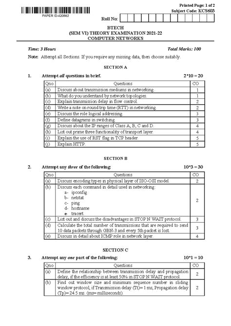 Btech Cs Vi Sem Computer Networks Kcs603 Theory Exam Notes Studocu