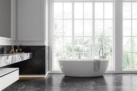 독립형 욕조와 대형 창문이 있는 현대적인 욕실 인테리어 3d 렌더링 0명에 대한 스톡 사진 및 기타 이미지 0명 3차원 형태 가구 Istock