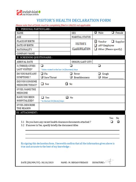 Visitor Health Declaration Form Pdf