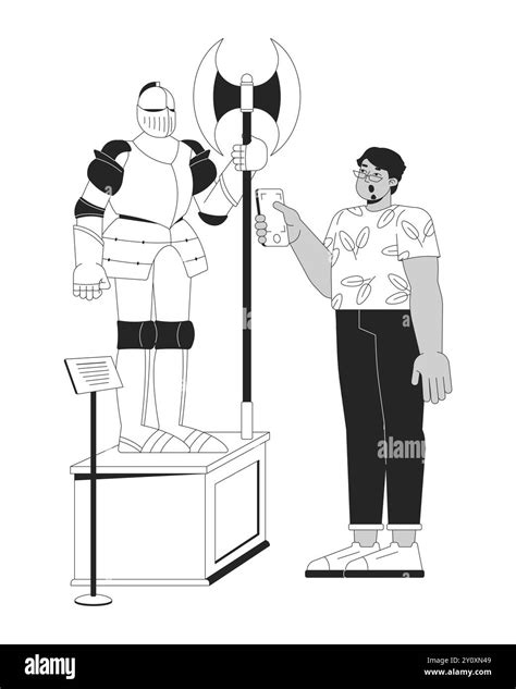Arab Man Taking Photo Of Medieval Knight Armor Black And White 2d Line Cartoon Character Stock