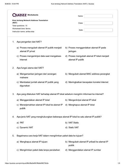 kuis tentang network address translation nat quizizz pdf