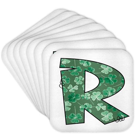 3drose Cute Green Four Leaf Clover Curly Cue Monogram Initial R Set