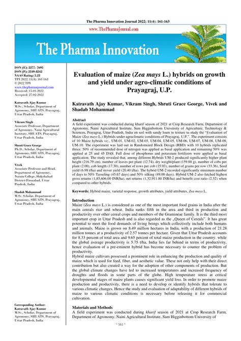 Pdf Evaluation Of Maize Zea Mays L Hybrids On Growth And Yield Under Agro Climatic