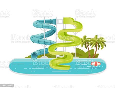 컬러 플라스틱 나사 슬라이드와 흰색 배경에 야자수가 있는 수영장이 있는 워터파크 그림 공기 주입에 대한 스톡 벡터 아트 및 기타 이미지 공기 주입 관 튜브 관로