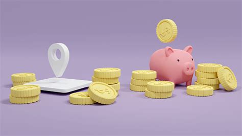 여행과 저축을 비교하는 3d 렌더링 개념 동전이있는 돼지 저금통과 배경에 동전이있는 위치 기호 3d 렌더링 비교에 대한 스톡 사진 및 기타 이미지 Istock