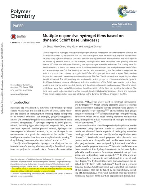Pdf Multiple Responsive Hydrogel Films Based On Dynamic Schiff Base Linkages