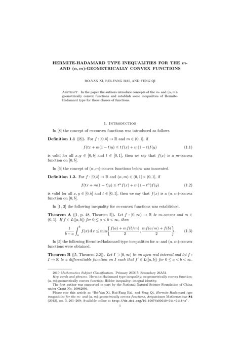 Pdf Hermitehadamard Type Inequalities For The M And α M