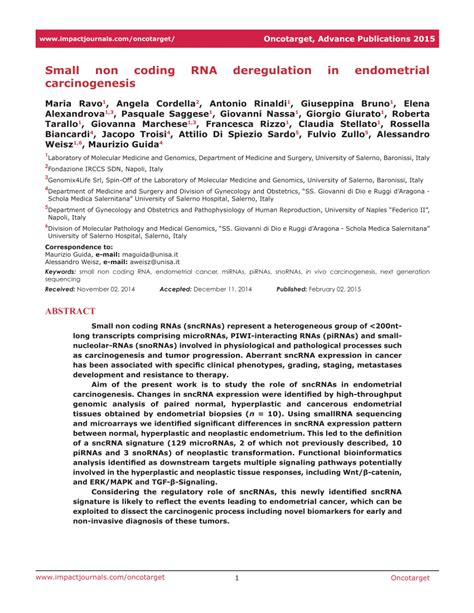 Pdf Small Non Coding Rna Deregulation In Endometrial Carcinogenesis