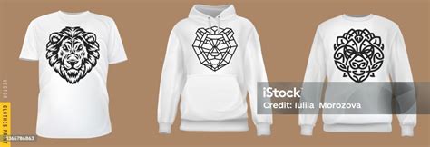 사자 머리 인쇄 심플한 배경에 고립된 사실적인 티셔츠 스웨트셔츠 후드 베이스 천을 설정합니다 남성 또는 여성 패션 브랜딩에 대한 모형 캐주얼 템플릿을 디자인합니다 3d 벡터