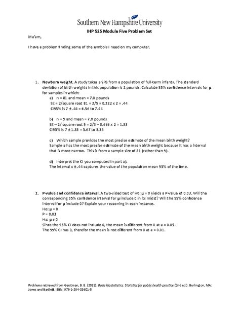 IHP Module Five Problem Set Newborn Weight A Study Takes A SRS From A Population Of Full