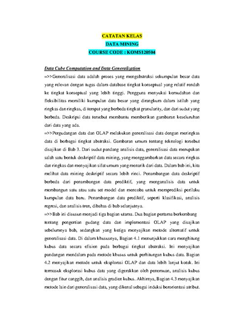 Generalisasi Data Catatan Kelas Data Mining Course Code Koms Data