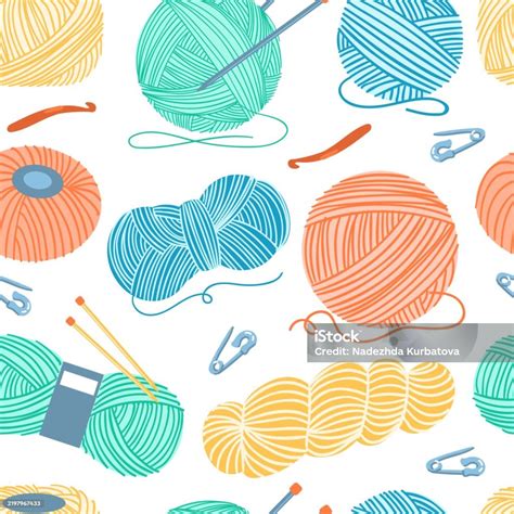 양모 공 완벽 한 패턴 색깔 실로 뜨개질 바늘 코바늘 뜨개질용 핀과 후크 공예 요소로 인쇄를 반복한 작업장 실 타래 화려한 벡터 배경 Diy에 대한 스톡 벡터 아트 및 기타