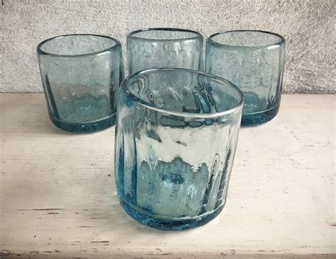 Four Vintage Mexican Blown Glass Tumblers Pale Blue Clear Chunky Glass