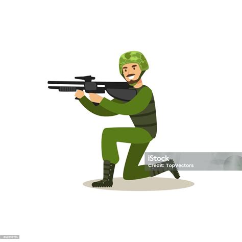 보병 부 대 군인 자동 공격 소총 벡터 일러스트 레이 션을 목표로 한 무릎에 위장 전투 제복 서 문자 남자에 대한 스톡 벡터 아트 및 기타 이미지 Istock