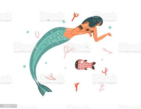 손으로 그린 벡터 추상 만화 그래픽 여름 시간 수 중 일러스트 산호와 산호초 물고기와 인 어 소녀 캐릭터 흰색 배경에 고립 0